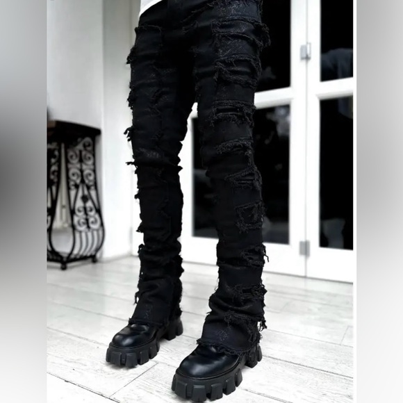 Glitz | Jeans | Slim Fit Stacked Jeans Men Tassel Skinny Flared Denim ...